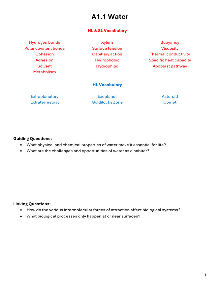 IBDP Biology A1.1 Student Notes | PDF | Water | Properties Of Water