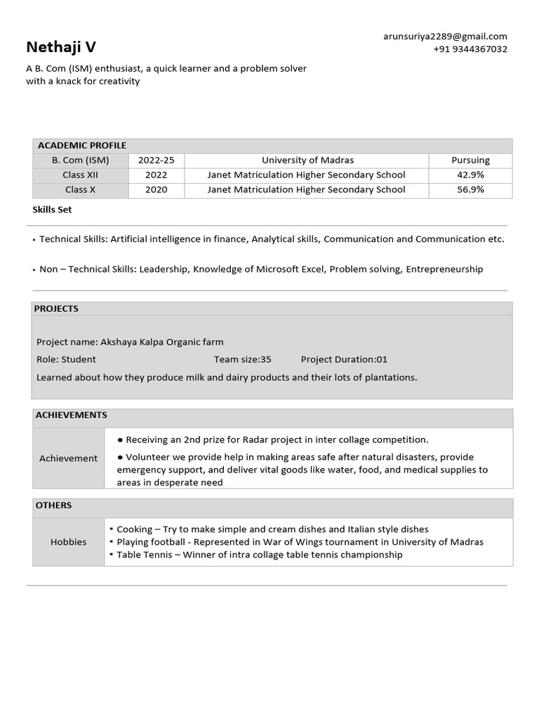 Nethaji V, Resume | PDF | Art