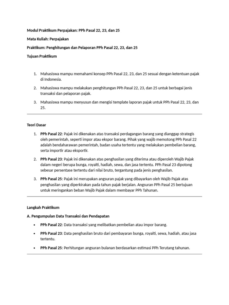 Modul Praktikum Perpajakan - PPH Pasal 22, 23, 25 - Kosong | PDF | Bisnis