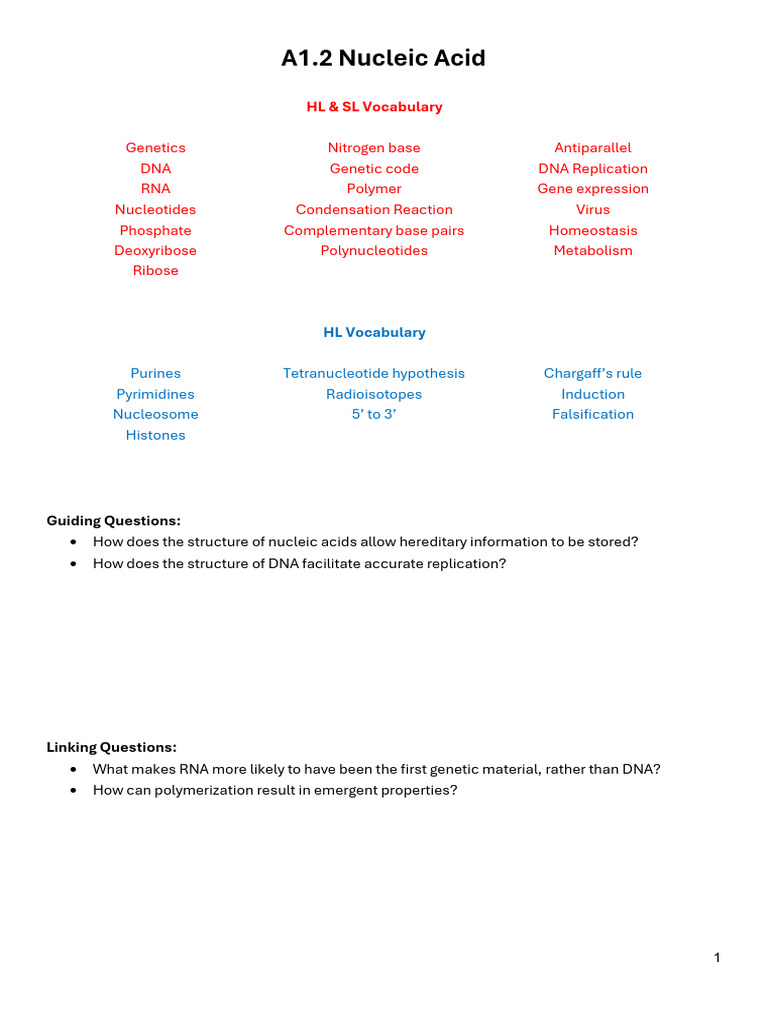 IBDP Biology A1.2 Student Notes | PDF | Dna | Nucleic Acids