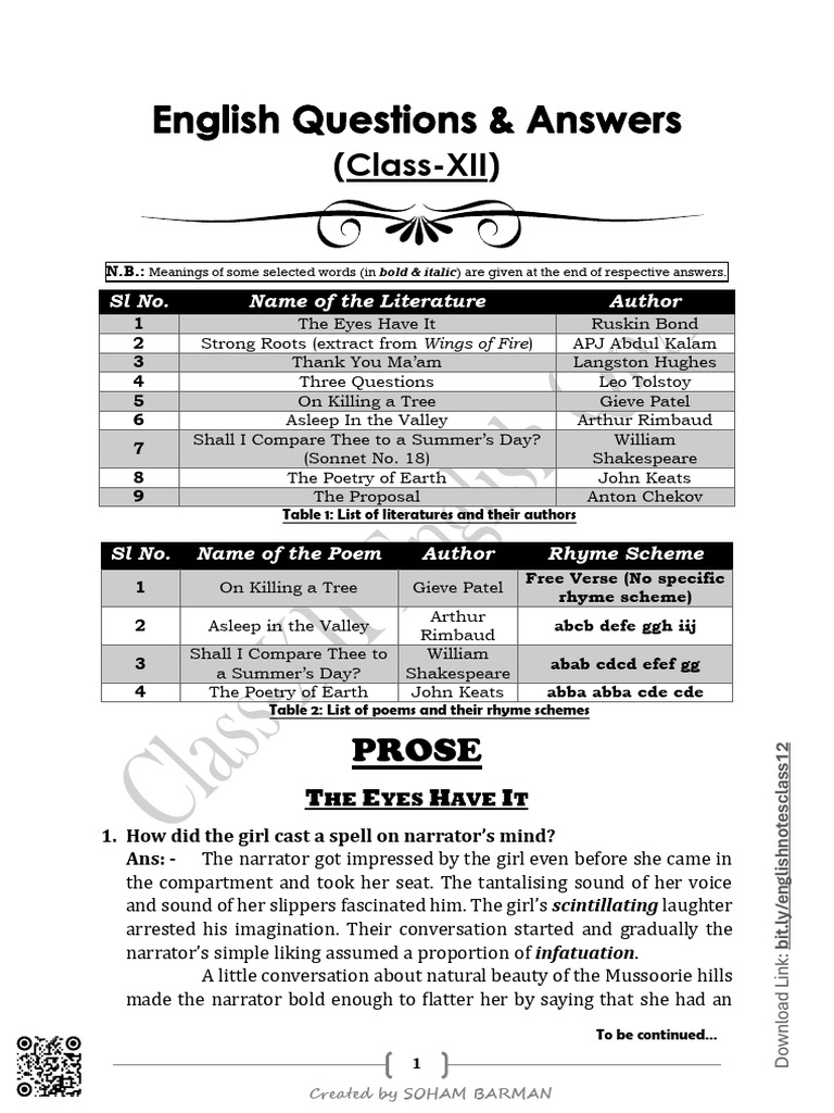 English QnA Class12 | PDF | Poetry