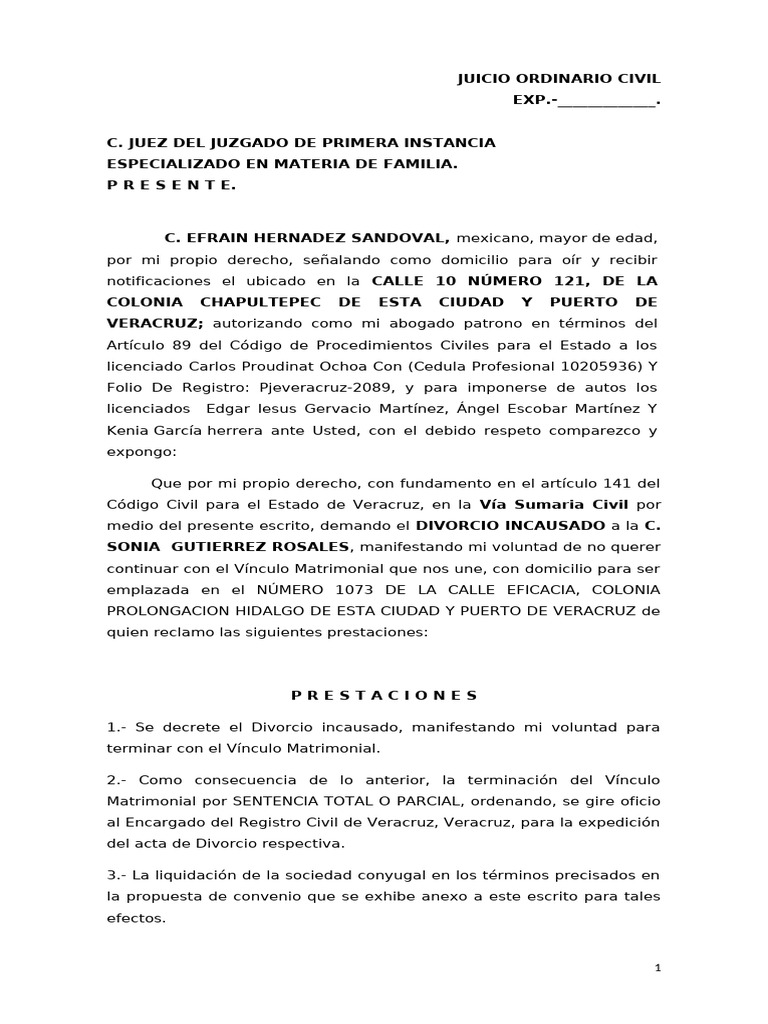 Demanda Divorcio Incausado | PDF | Divorcio | Ley Pública