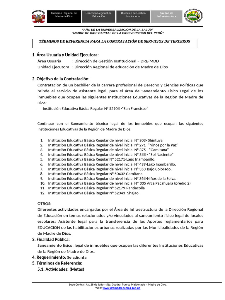 1 Área Usuaria y Unidad Ejecutora:: Términos de Referencia para La ...
