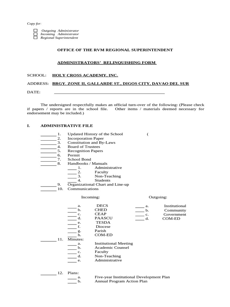 Administrators-Relinquishing-Form 2023-2024 | PDF | Business