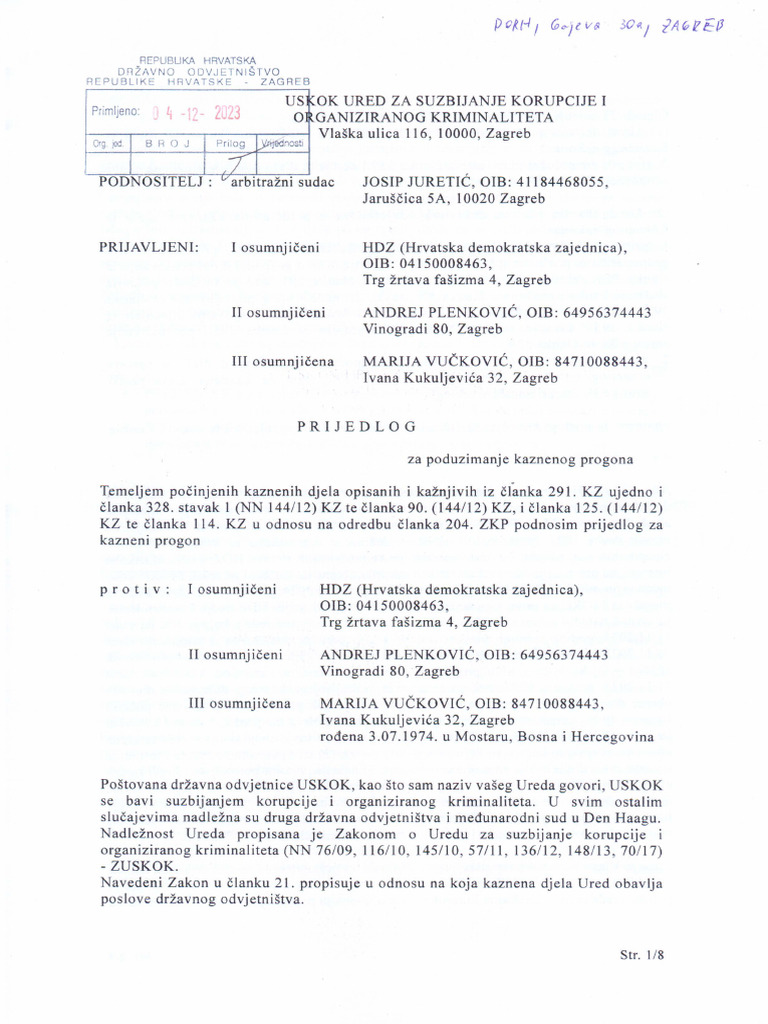 Prijedlog Za Kazneni Progon USKOK - HDZ I Marija Vučković | PDF