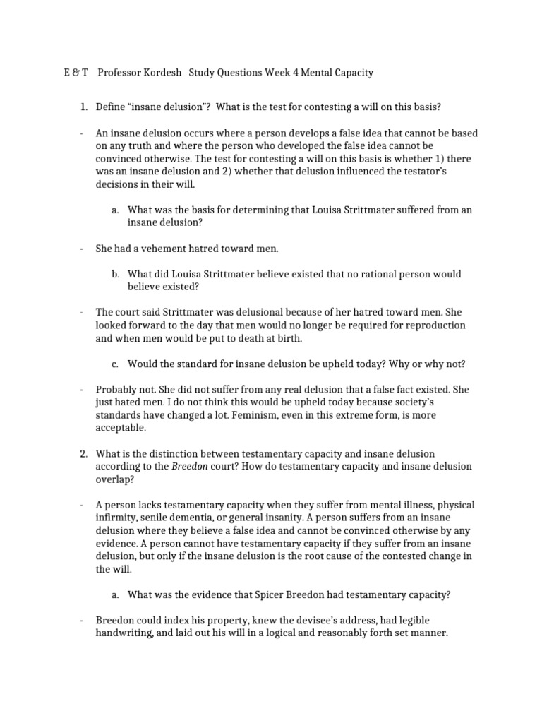 Study Questions Module 4 Mental Capacity Sample Answers | PDF | Will ...