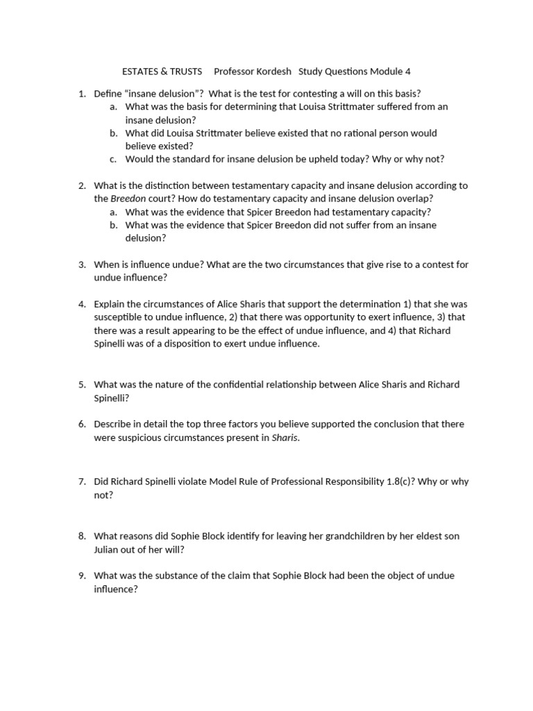 Study Questions For Module 4 | PDF | Inheritance | Legal Documents