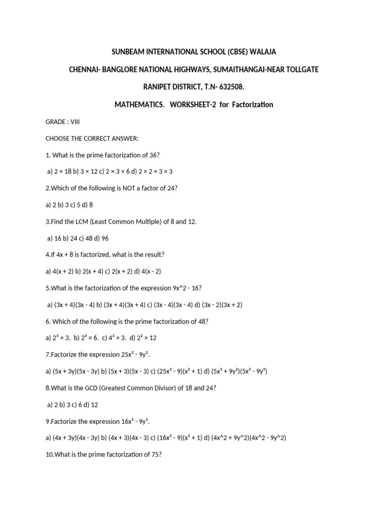 Grade-8 Worksheet-2 Factorisation | PDF | Quadratic Equation | Factorization