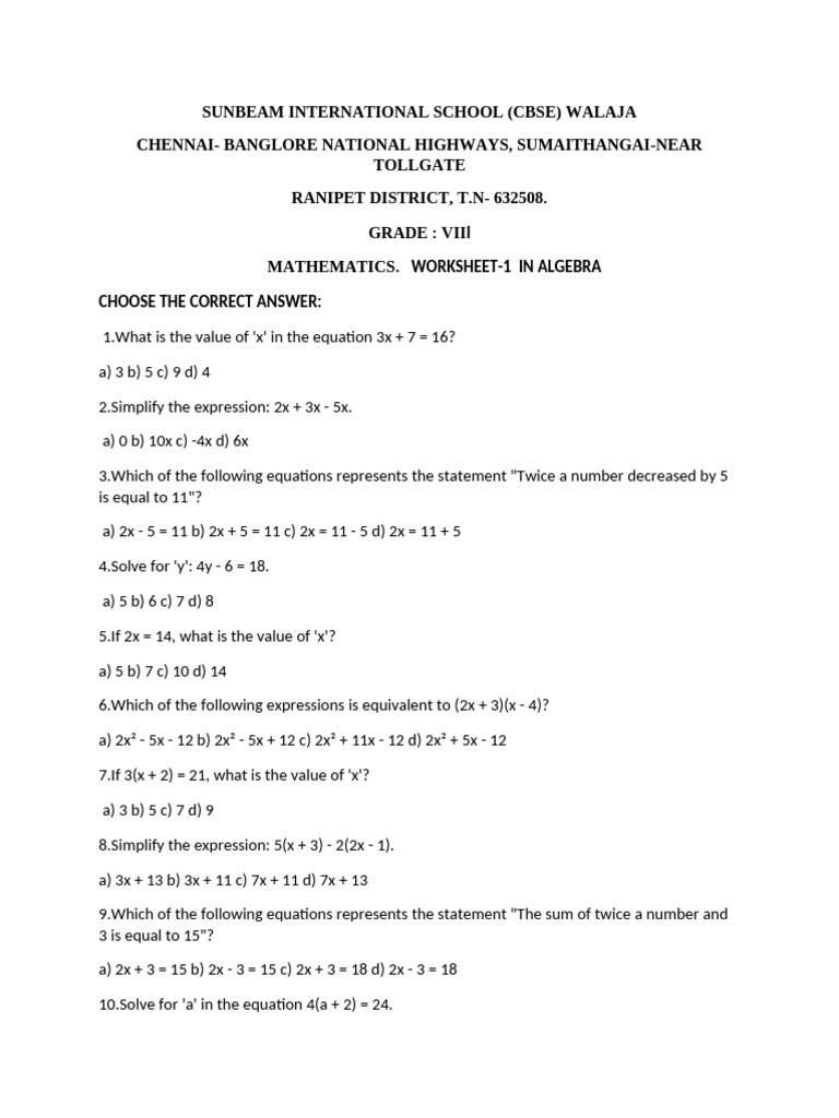 Grade 8 Algebra Worksheet - 1 | PDF