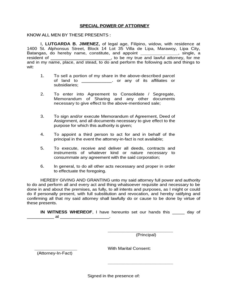 SPA - FORMAT - SALE-scribd | PDF | Power Of Attorney | Legal Documents