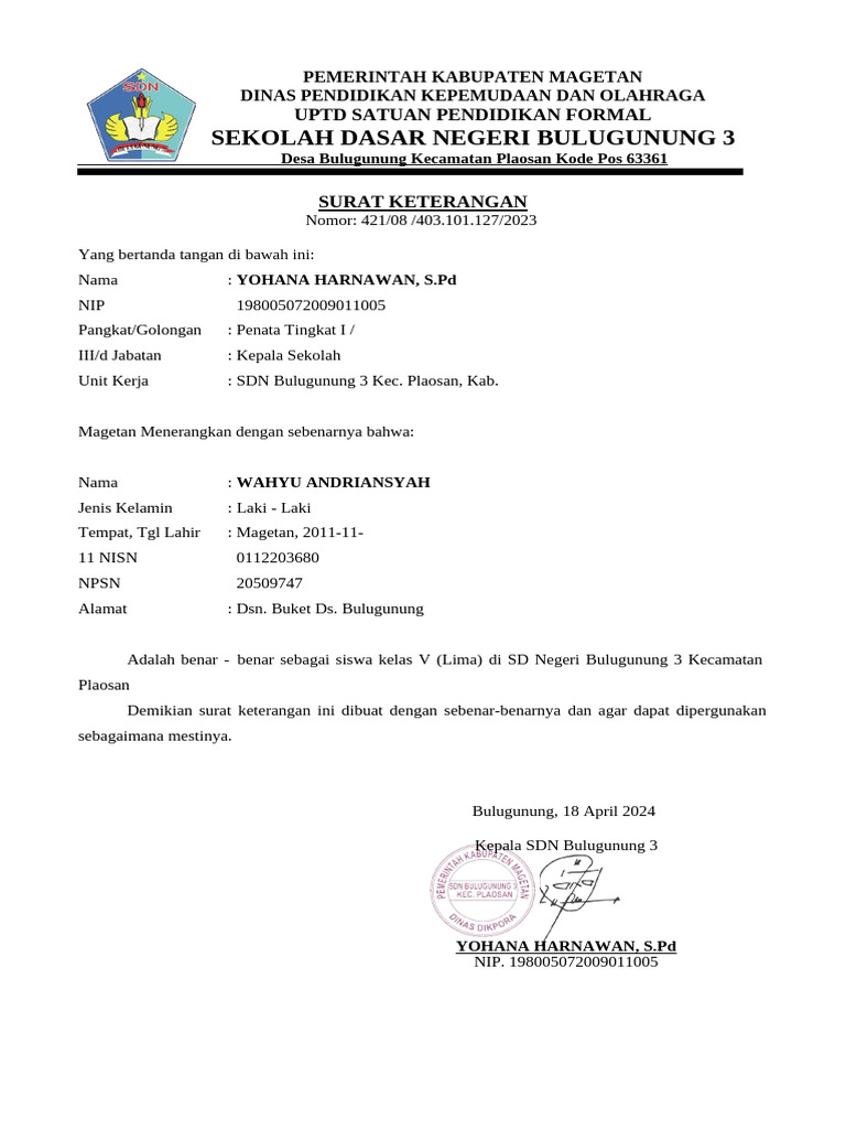 Surat Keterangan - Wahyu Andriansyah - SDN Bulugunung 3 | PDF