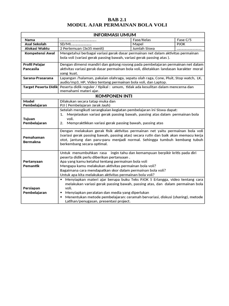 MODUL AJAR PJOK 5 BAB 2.1 (Permainan Bola Voli) | PDF