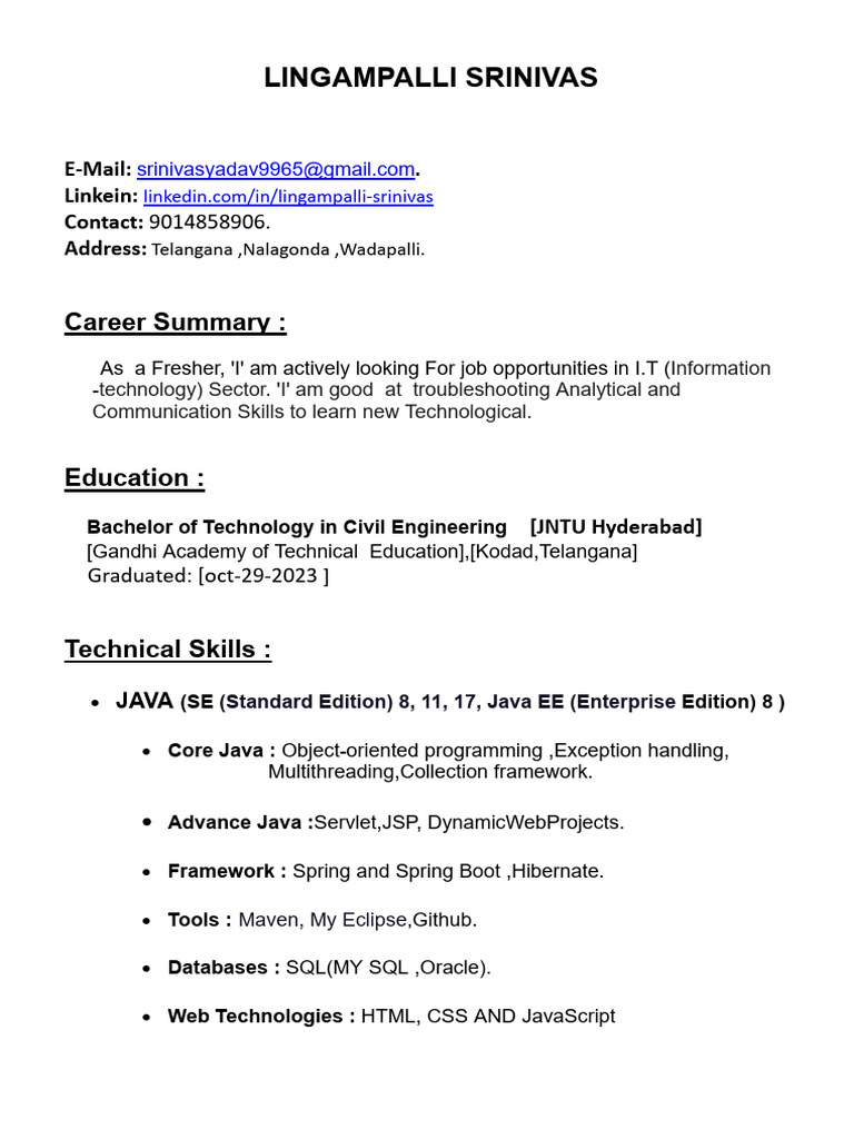 Java Developer Resume with Projects | PDF