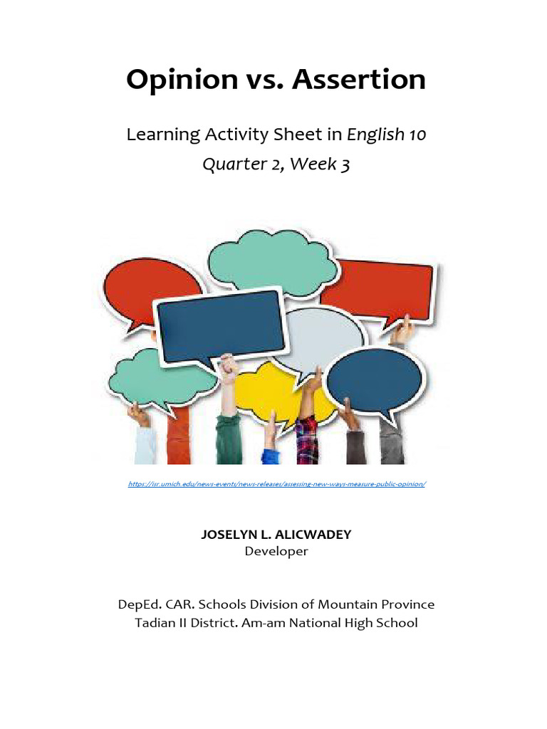 Engl 10 Q2 W3 Opinion-Vs - Assertion | PDF | Evidence | Copyright