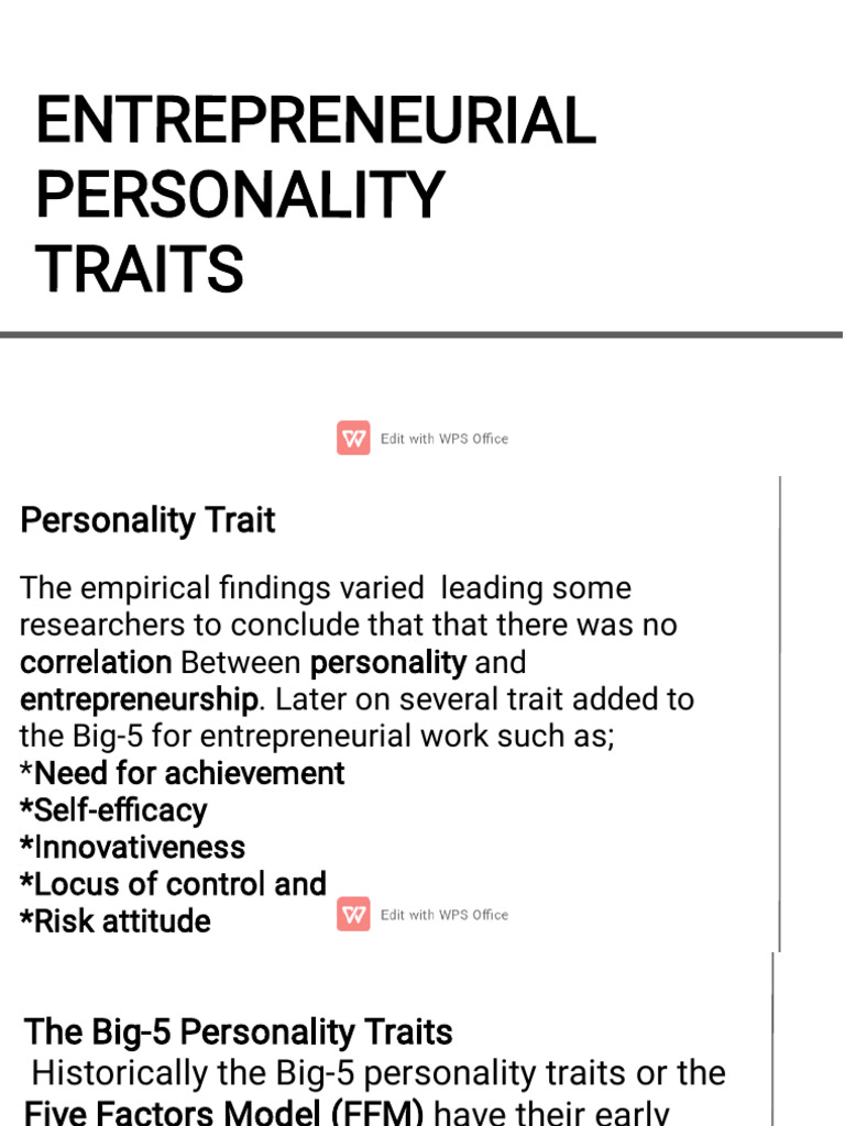 ENTREPRENEURIAL TRAITS | PDF | Entrepreneurship | Self Efficacy
