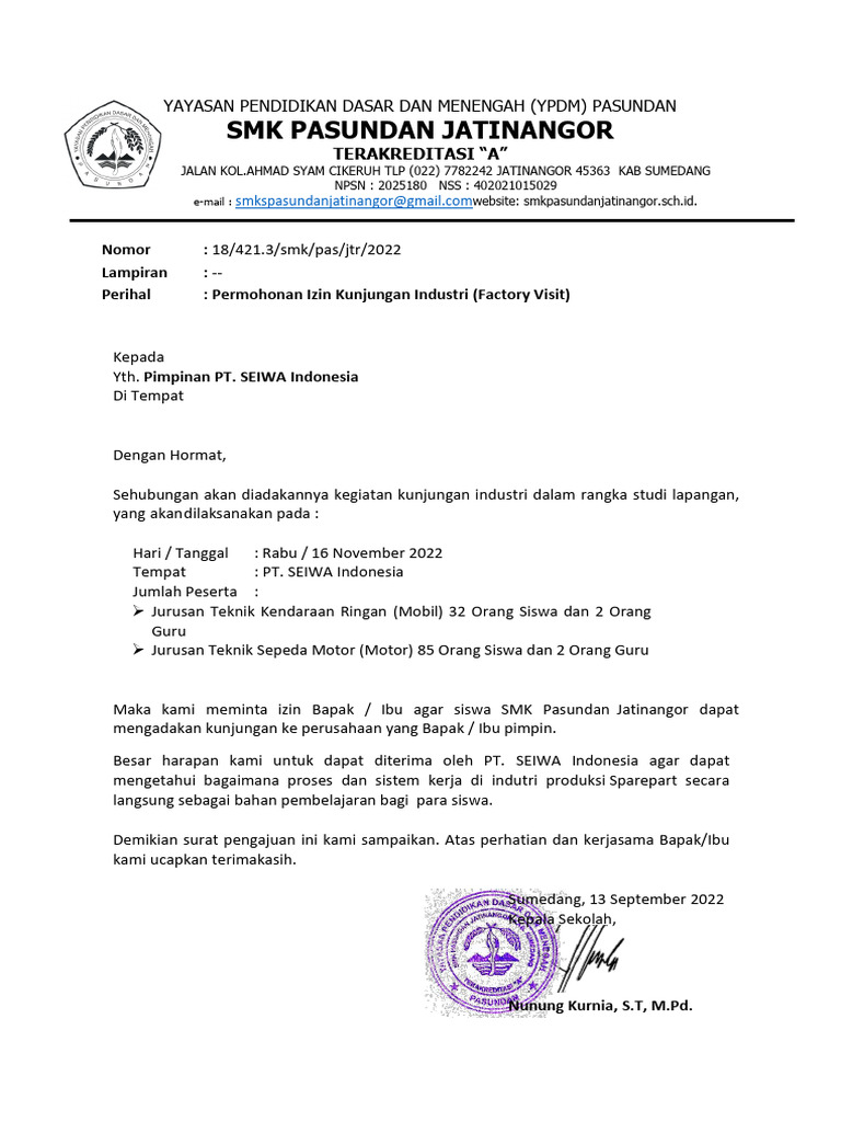 Surat Permohonan Kunjungan Industri Ke PT. SEIWA Indonesia | PDF