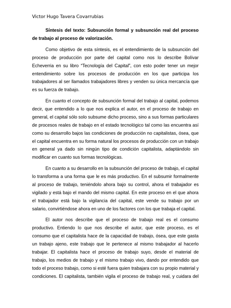 Subsunción Formal y Subsunción Real Del Proceso de Trabajo Al Proceso ...