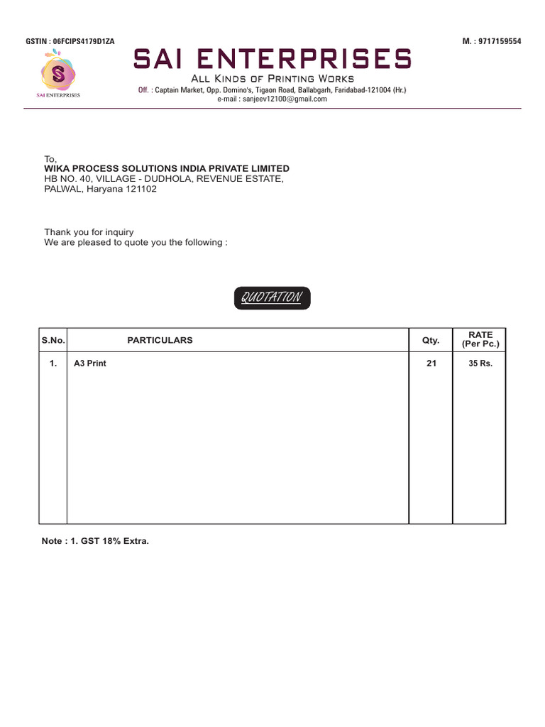 Sai Enterprises Quotation (A3 Print) | PDF