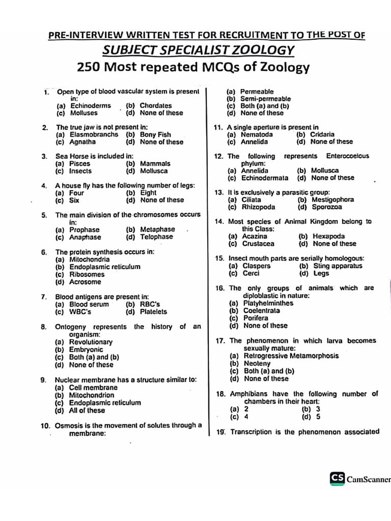 Zoology MCQs 03368461630 | PDF