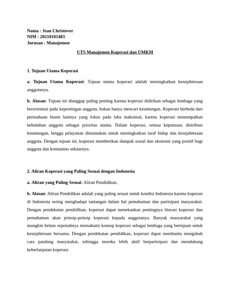 UTS Manajemen Koperasi Dan UMKM - Jean Christover - 20210101483 | PDF | Bisnis | Pengelolaan ...