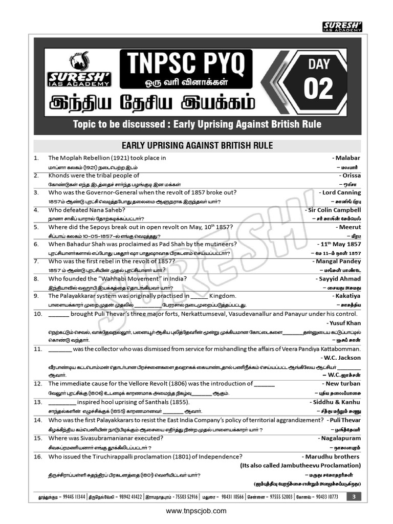TNPSC PYQ Indian National Movement One Liner 3 4 | PDF | Indian Rebellion Of 1857 | British India
