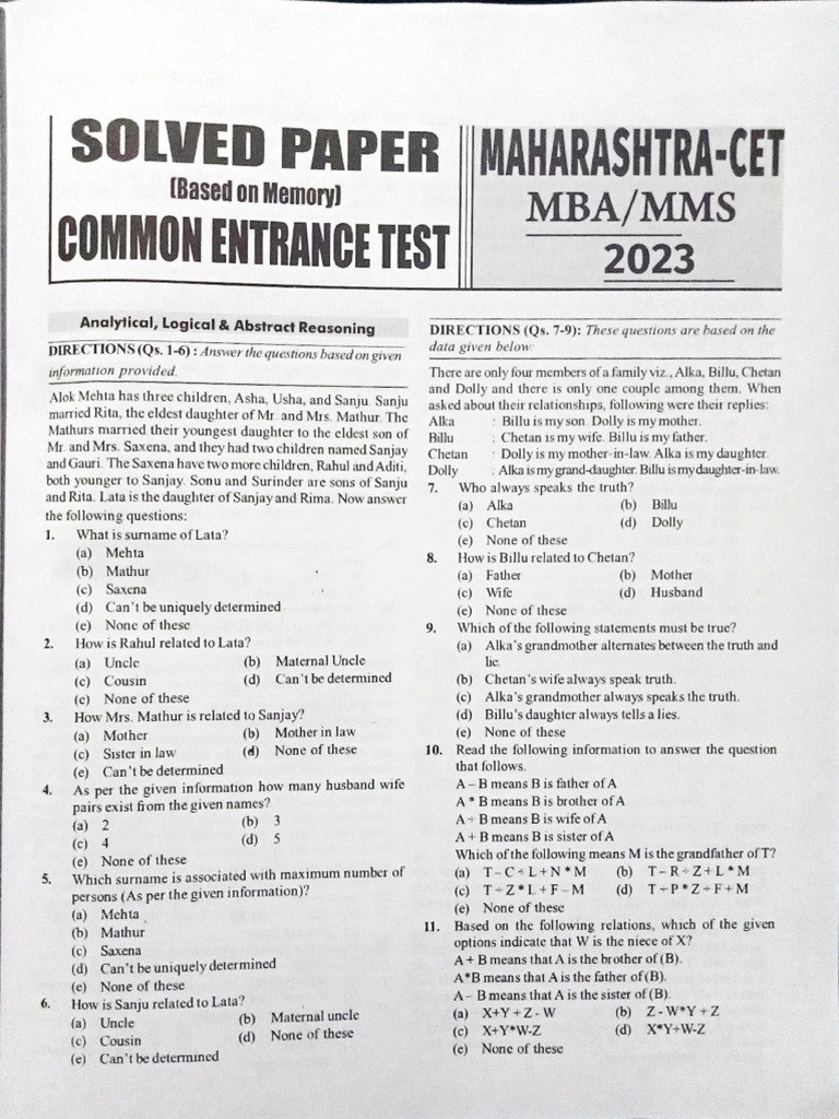 MBA CET 2023 Memory Based Paper | PDF
