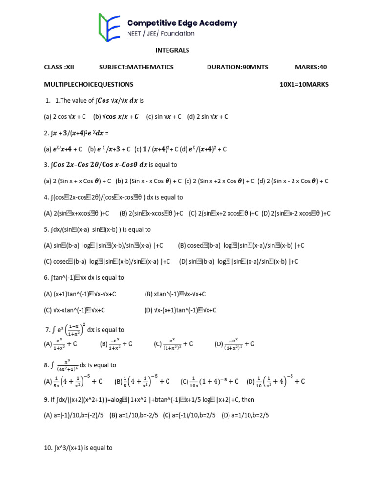 Class Xii Cbse Mathematics Integrals QP | PDF | Mathematics | Mathematical Analysis