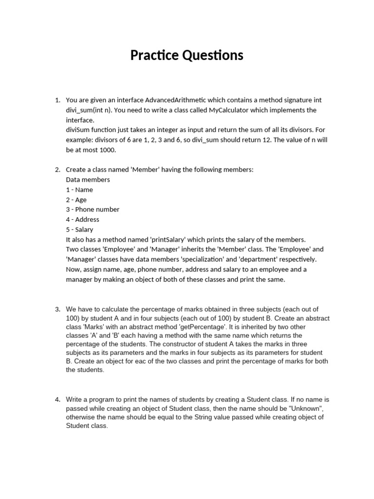 Practice Questions OOPS | PDF | Method (Computer Programming) | Class ... Practice Questions OOPS | PDF | Method (Computer Programming) | Class ...