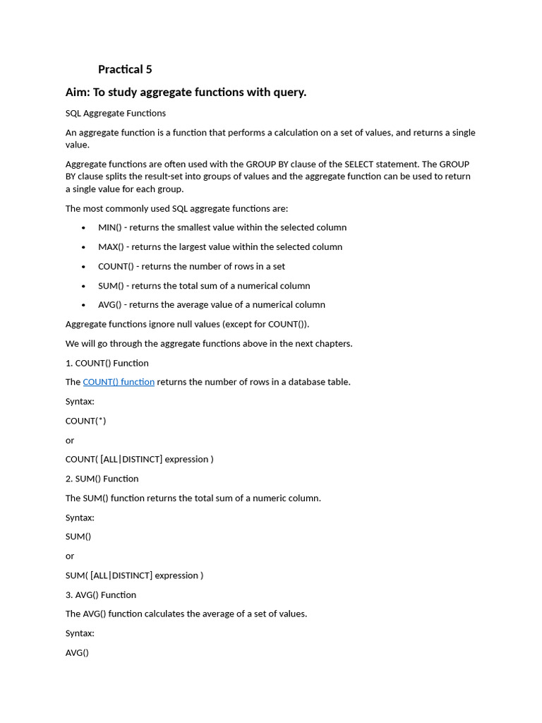 PRACTICAL NO-5 To Study Aggregate Functions With Query. | PDF | Data | Information Retrieval