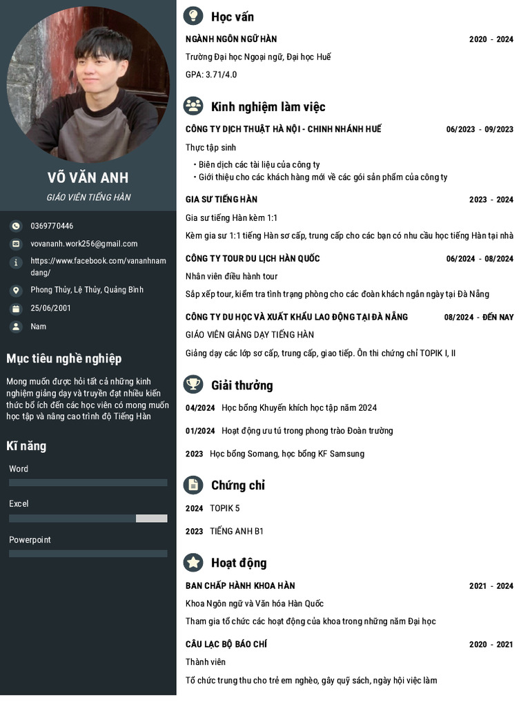 Võ Văn Anh - Cv Ứng Tuyểnn Giáo Viên Tiếng Hàn Online | PDF