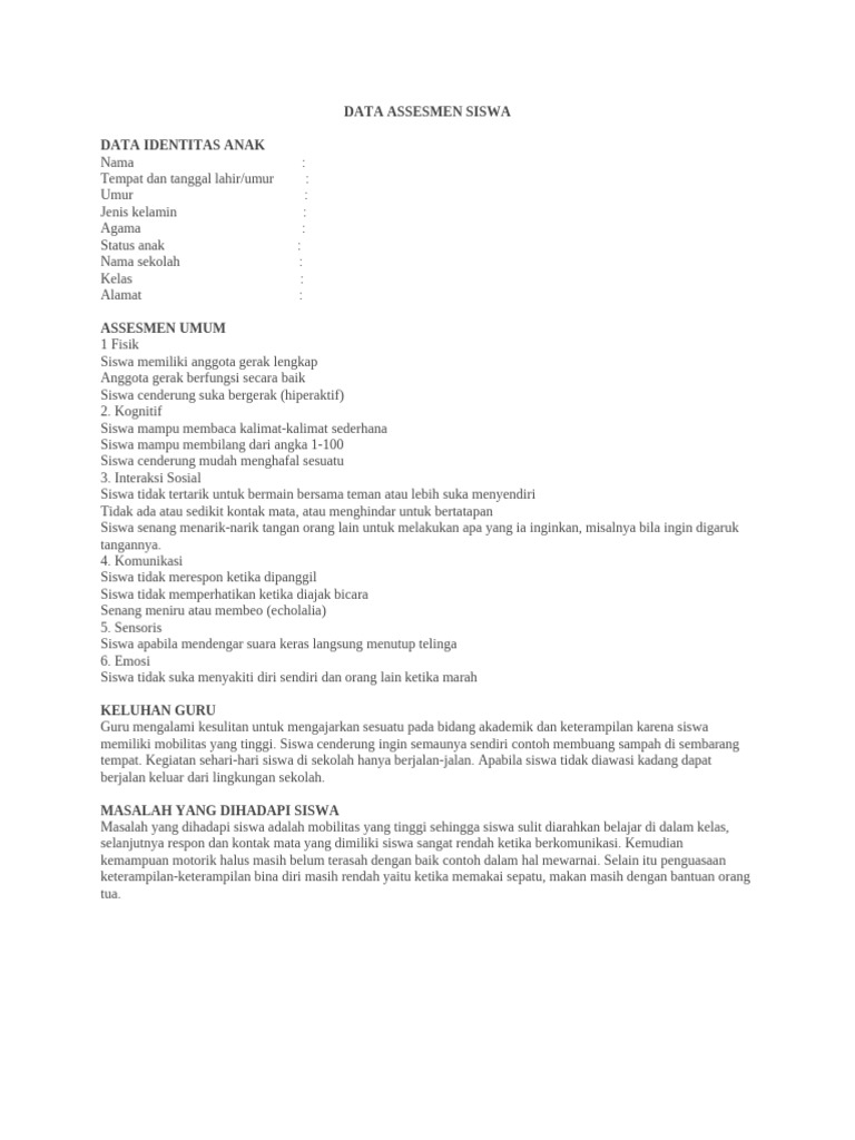 Contoh Assesment Siswa | PDF | Pengembangan Diri