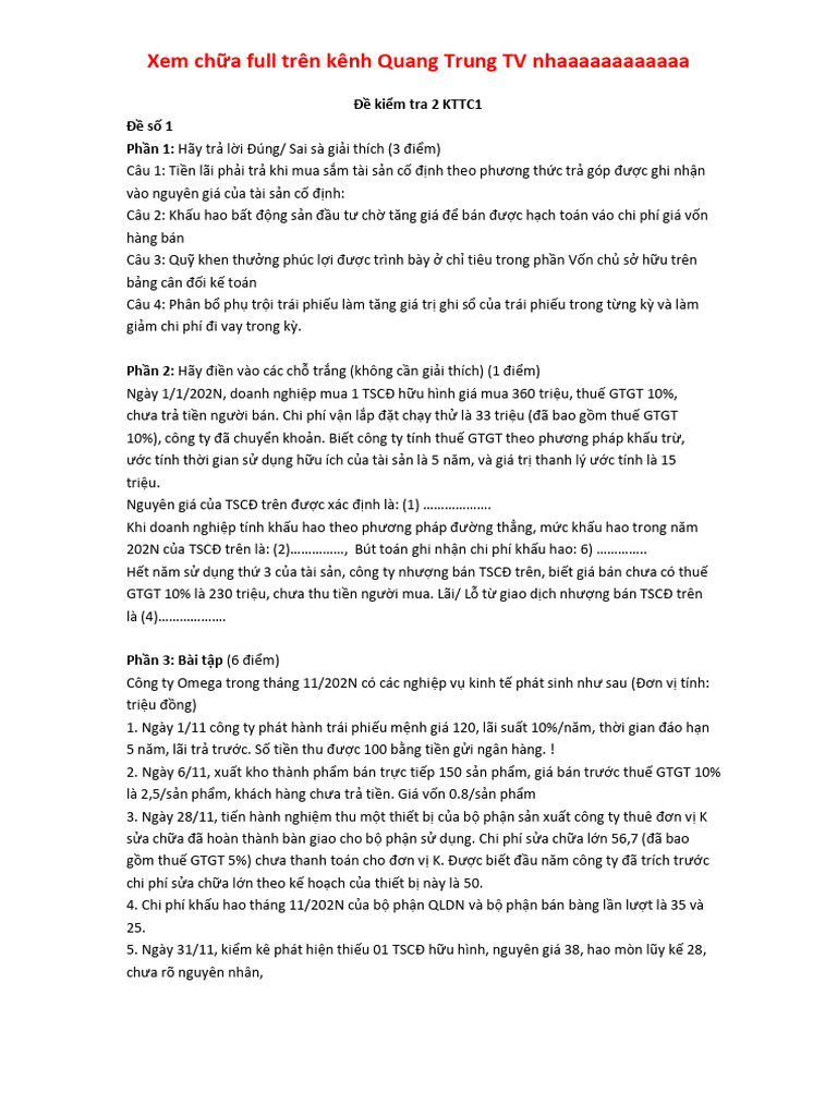 Đề Kiểm Tra 2 KTTC1 | PDF