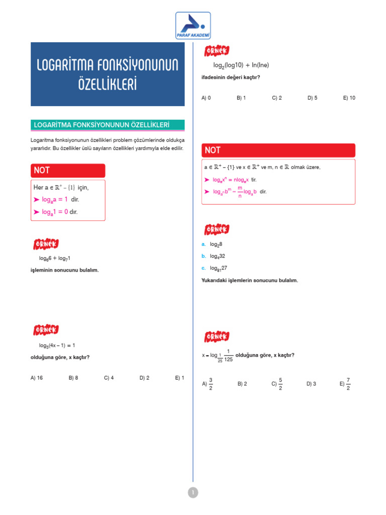 Logaritma Fonksiyonu 1 Ders 63 | PDF