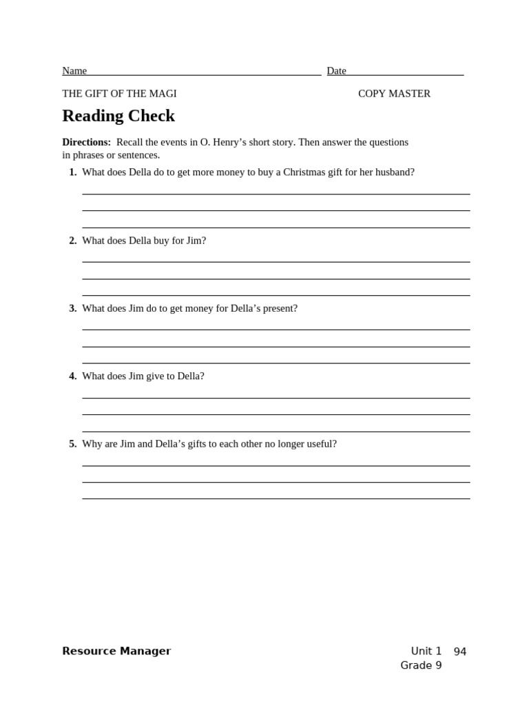 Gift of the Magi Reading Check Guide | PDF