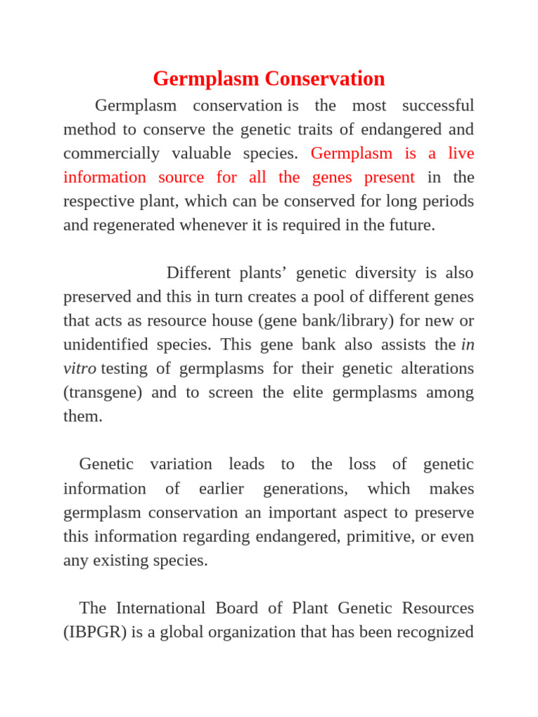 Germplasm Conservation | PDF | Conservation Biology | Biology