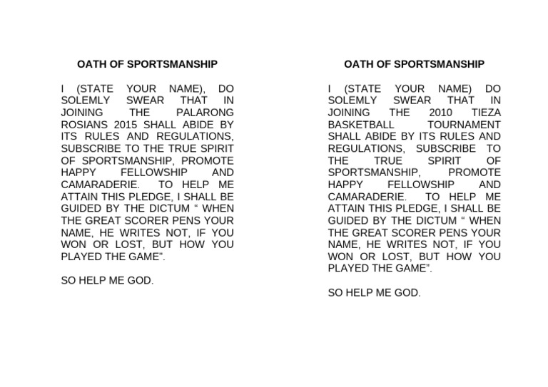 Oath of Sportsmanship Pledge | PDF | Sports & Recreation | Cooking ...