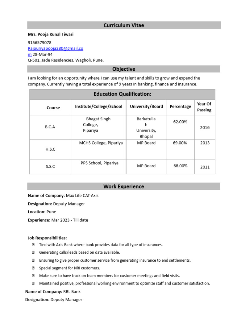 Pooja CV | PDF | Business | Financial Services