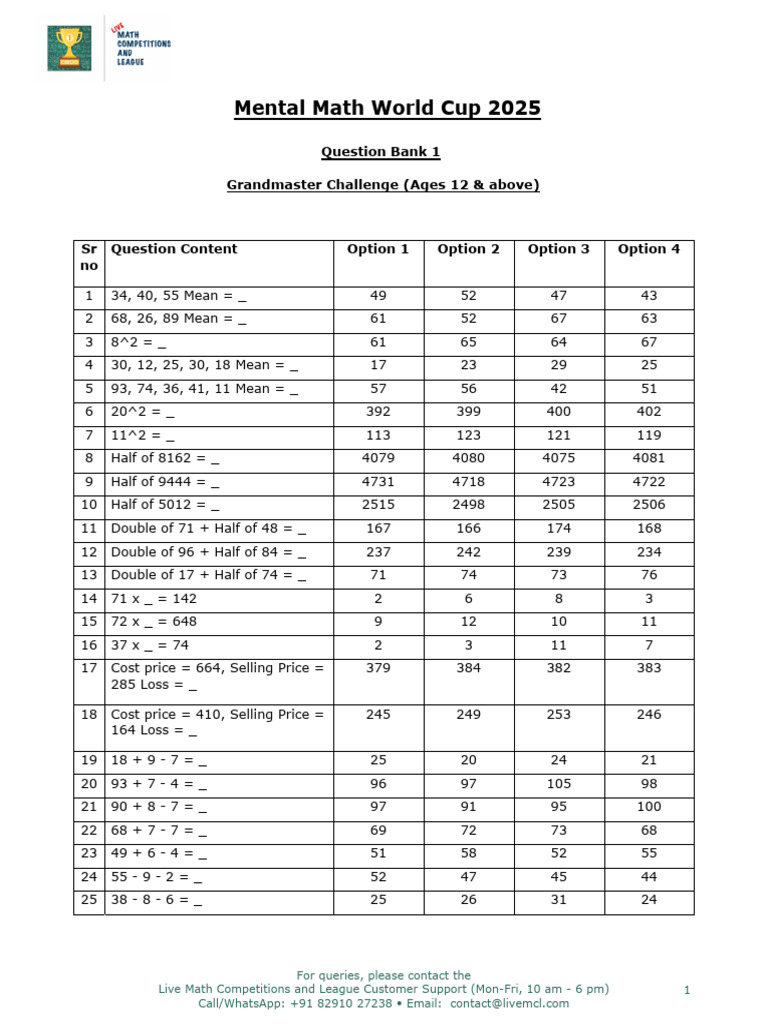 1-GrandMaster Question Bank 1-MMWC 2025 | PDF | Mathematics | Arithmetic