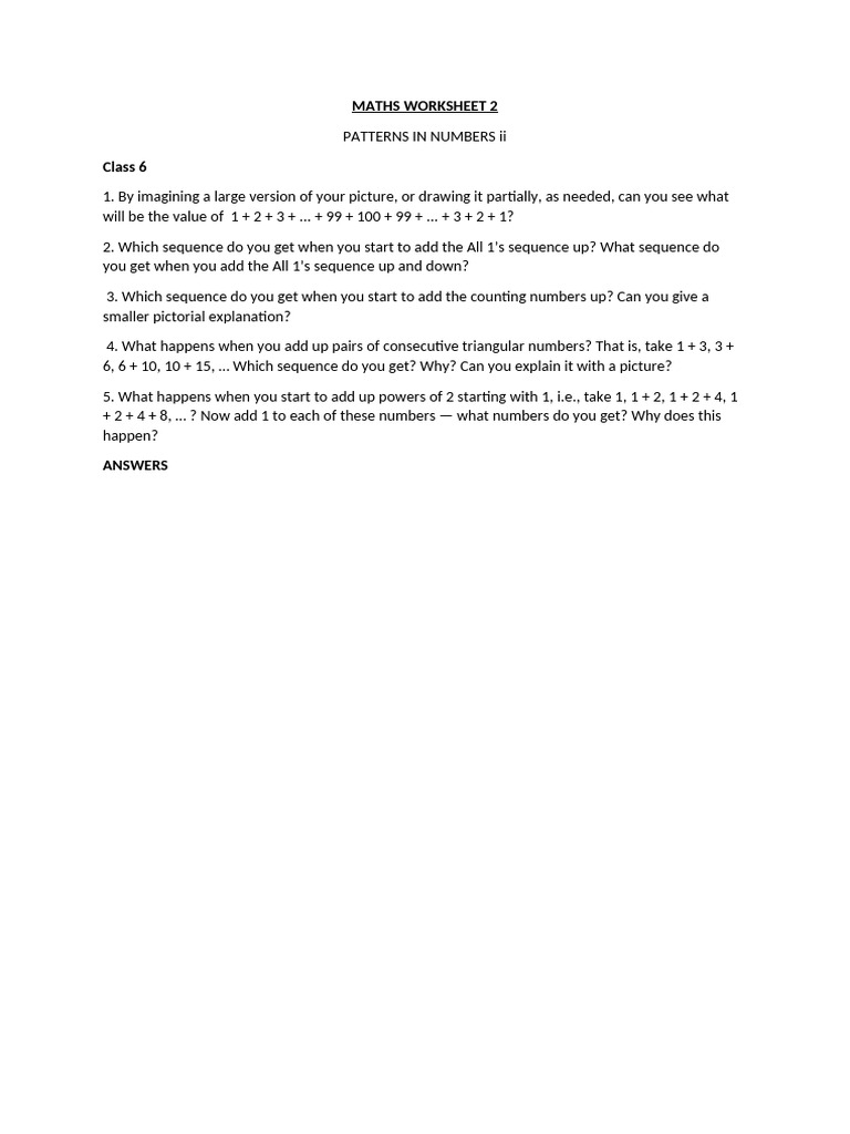 Class 6 Number Patterns Worksheet | PDF