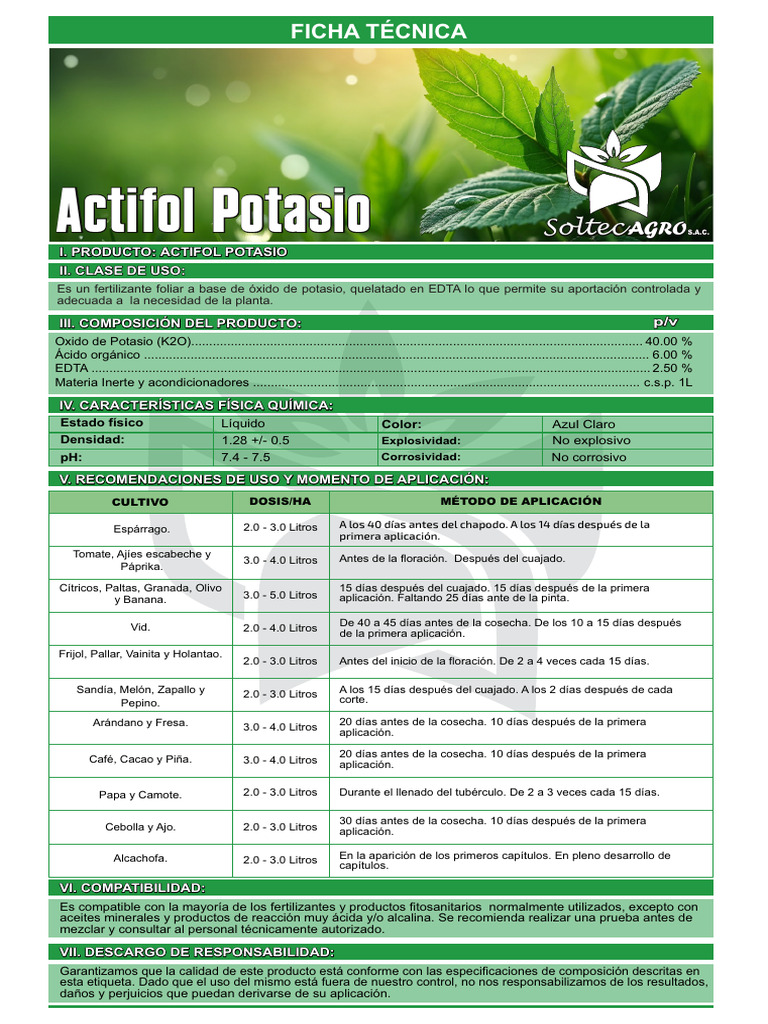 Ficha Técnica - Actifol Potasio | PDF