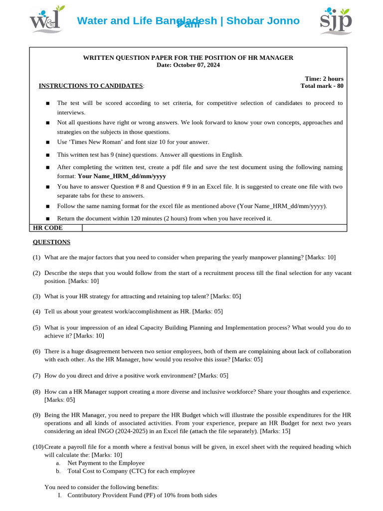 HR Manager Written Test Instructions | PDF | Employee Relations | Economies