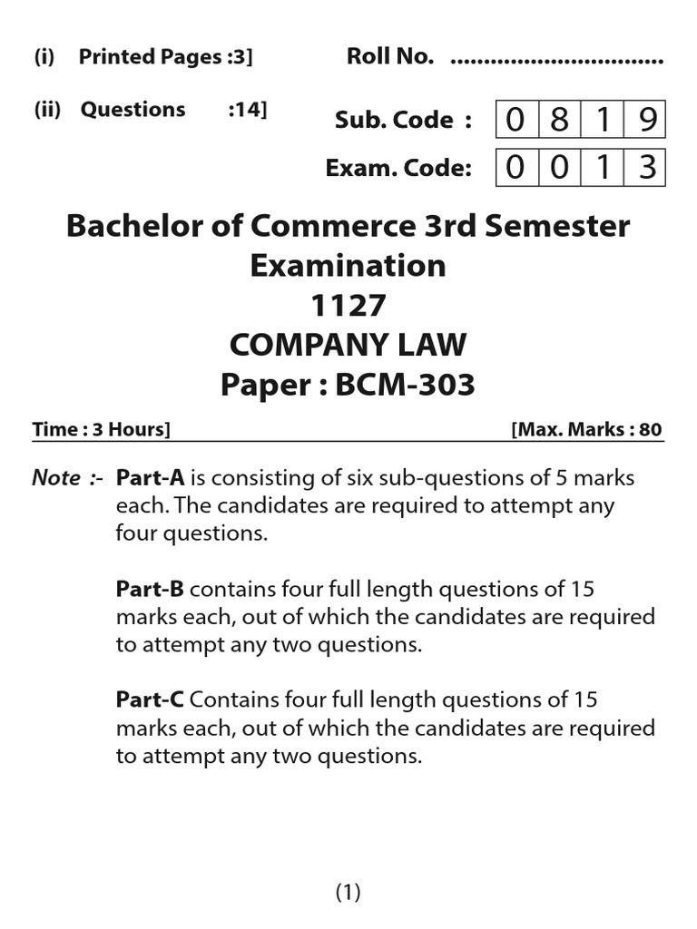 Bcom 3 Sem Company Law BCM 303 2017 | PDF | Business