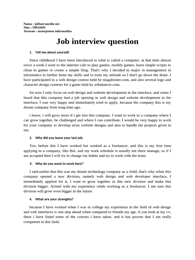 Job Interview Question | PDF | Career & Growth