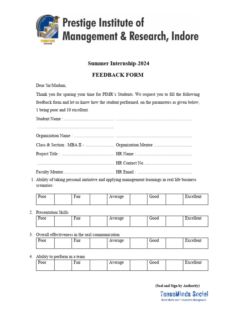 Internship Feedback Form 2024 | PDF