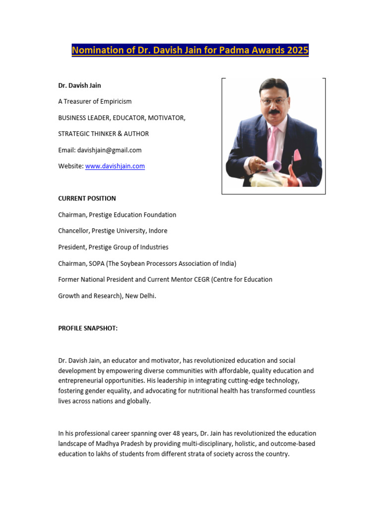 Dr. Davish Jain: Padma Award Nominee 2025 | PDF | Malnutrition ...