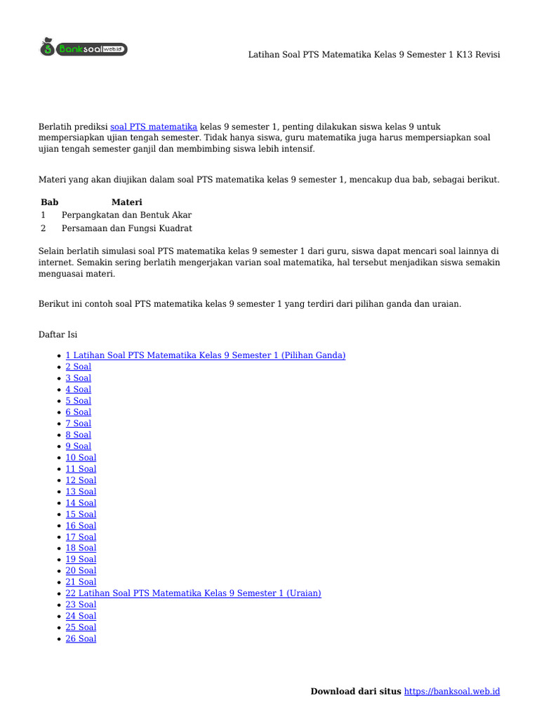 Latihan Soal PTS Matematika Kelas 9 Semester 1 K13 Revisi | PDF