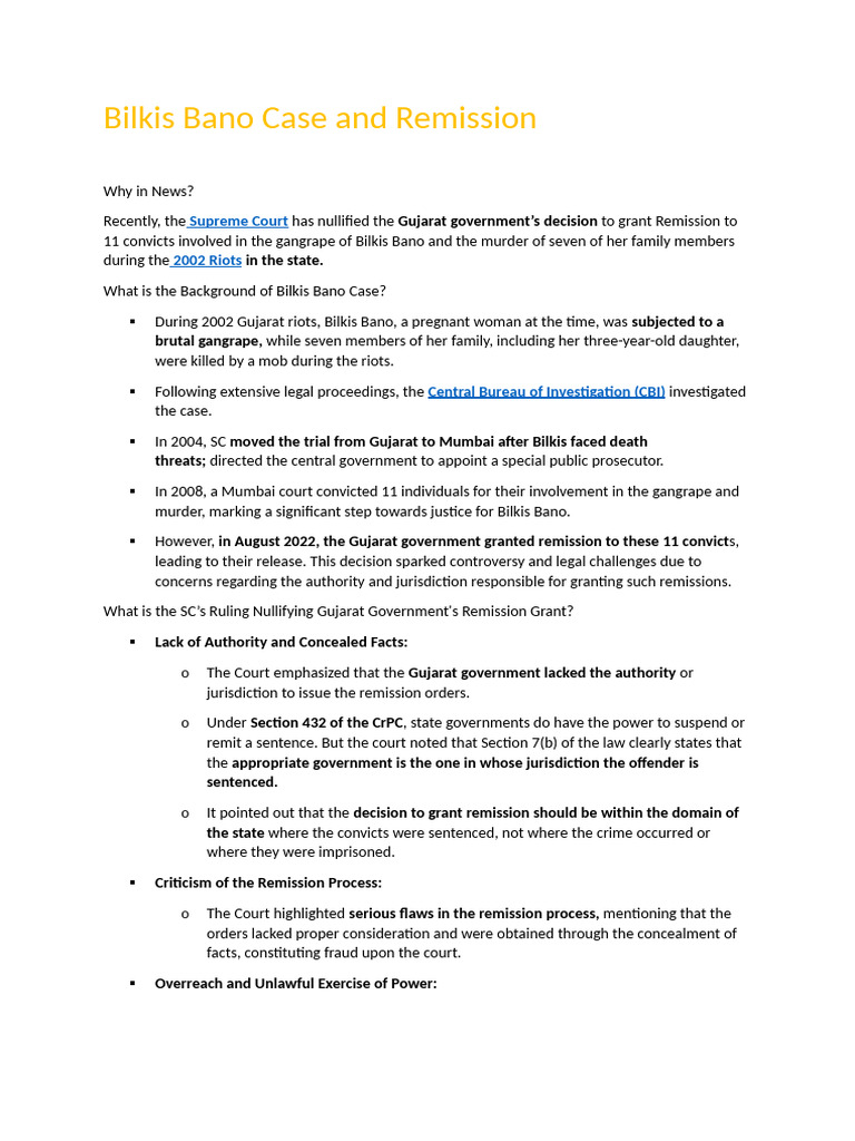 Supreme Court Nullifies Bilkis Bano Remission | PDF | Pardon | Crime ...