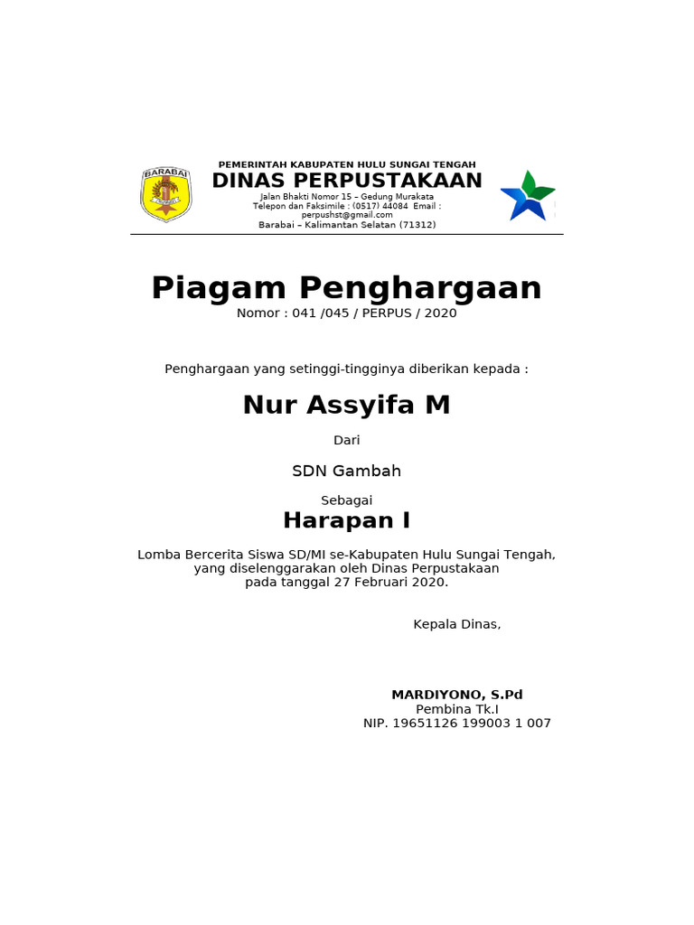 Piagam Lomba Bercerita | PDF