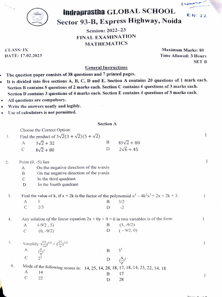 Class 9 Mathematics Final Exam Paper | PDF | Fahrenheit | Classical ...