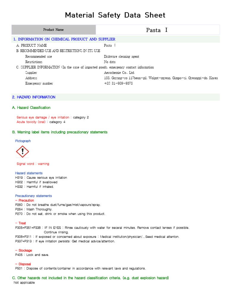 Pasta Imsds | PDF | Sodium Bicarbonate | Hazards